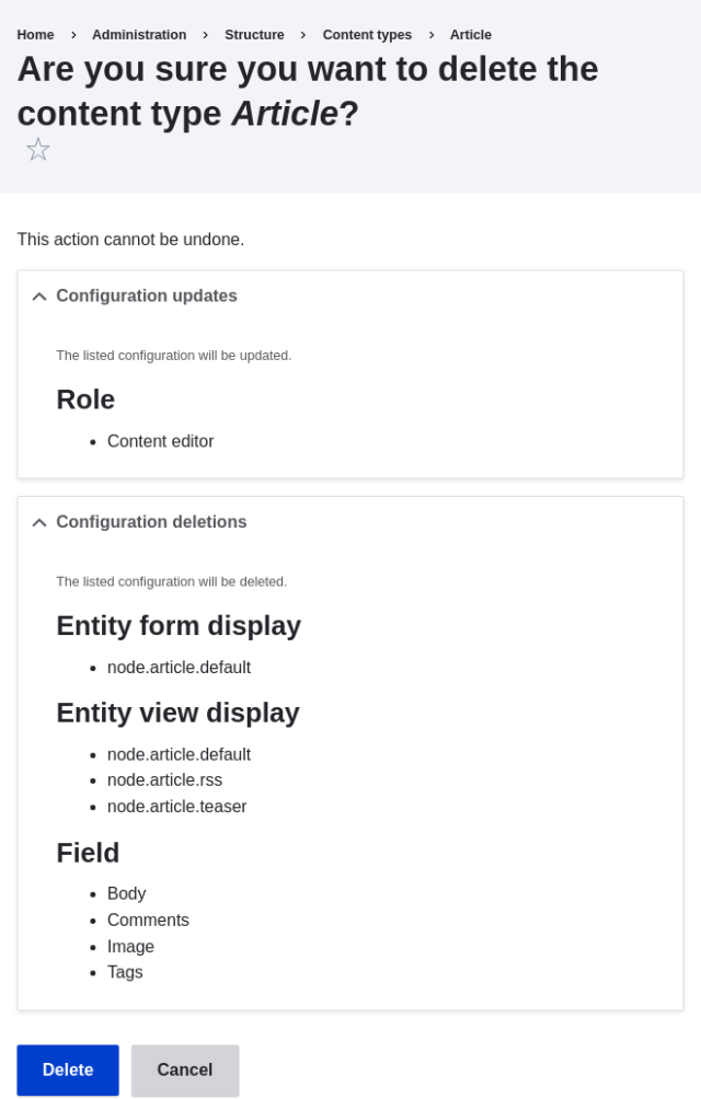 6.2. Deleting a Content Type | Drupal 8, Drupal 9, Drupal 10, and Drupal 11